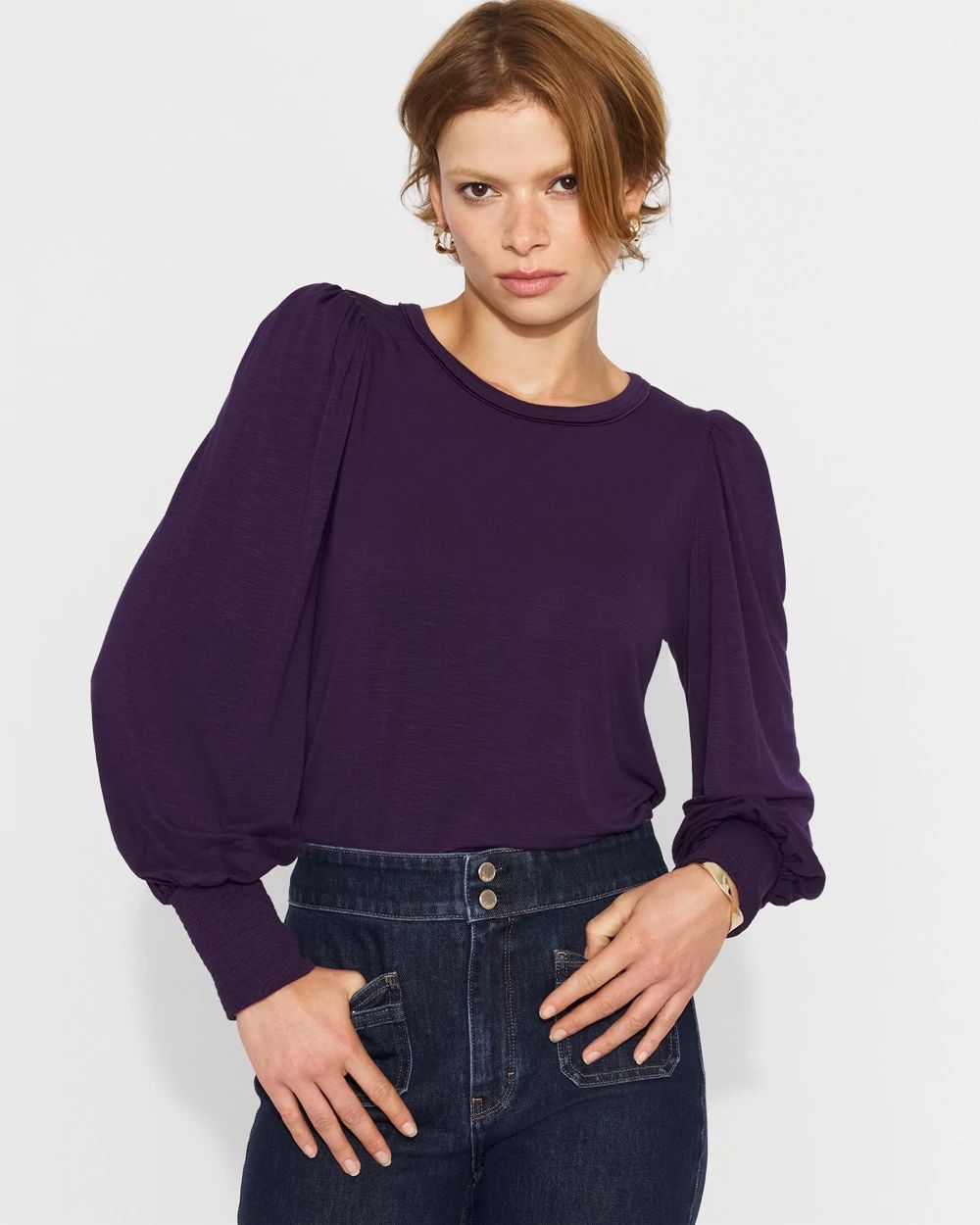 Long Sleeve Tee with Smocked Cuffs | White House Black Market